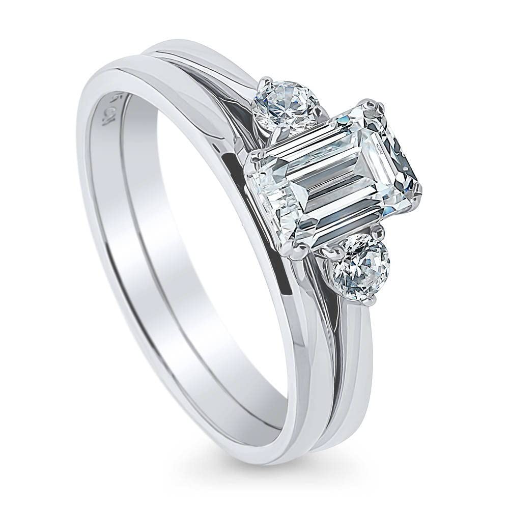 BERRICLE Sterling Silver 3-Stone Wedding Engagement Rings Emerald Cut Cubic Zirconia CZ Ring Set for Women, Rhodium Plated Size 9.5
