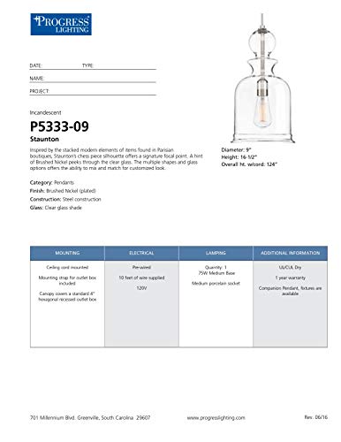 Staunton Collection 1-Light Clear Glass Global Pendant Light Brushed Nickel