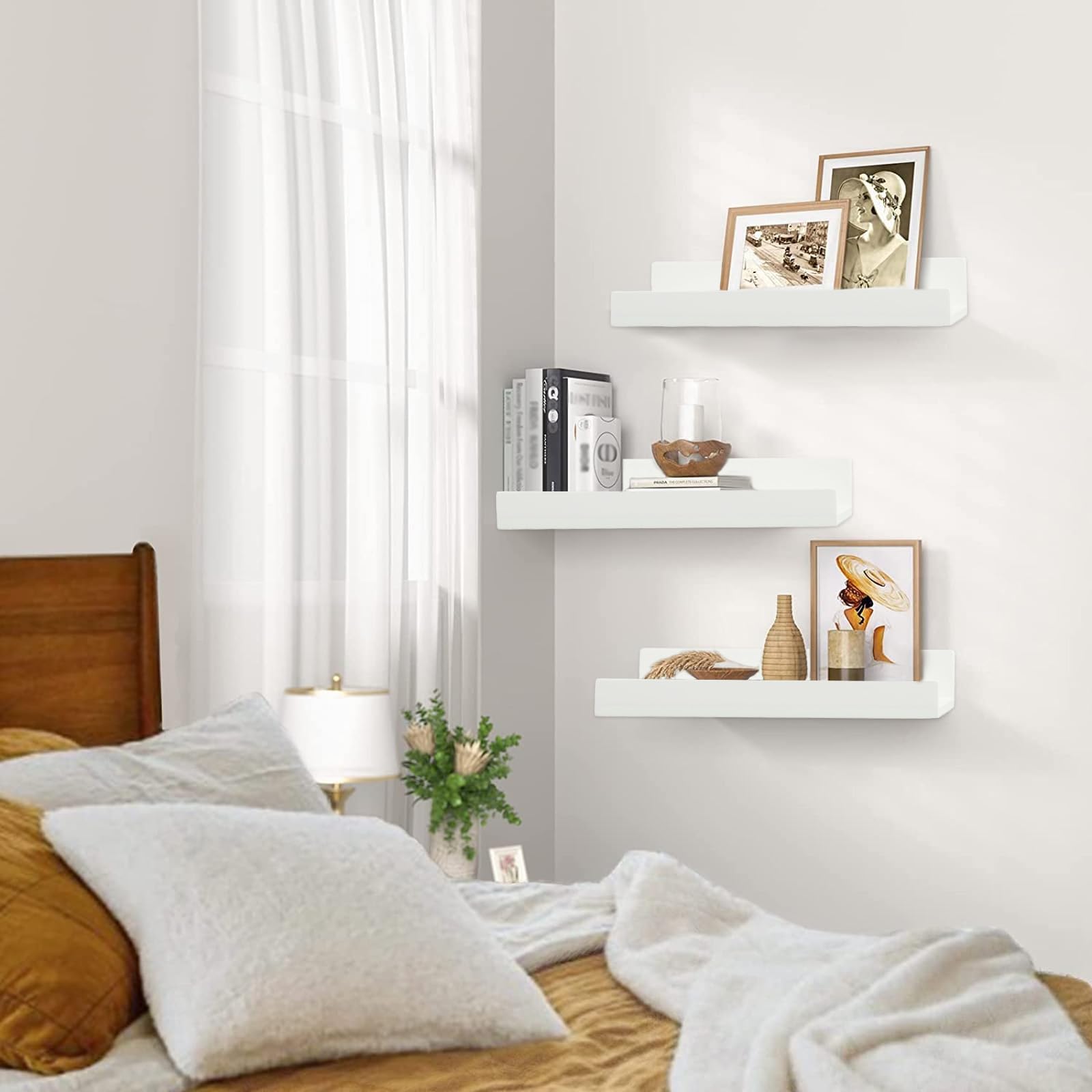 Floating Shelves for Wall Storage with Lip, 10.5" Picture Ledge Shelf Set of 3, White Acrylic Floating Shelf for Wall, Floating Wall Shelves for Kitchen, Bedroom, Bathroom Storage, Wall Home Decor