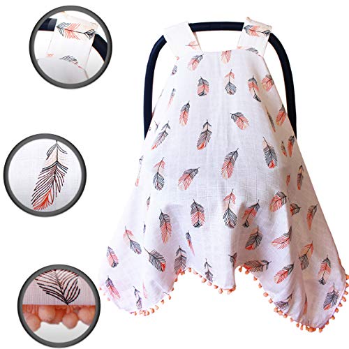 Car Seat Covers for Babies, Car Seat Canopy, Unisex Large Lightweight Breathable Cotton Muslin Canopy, Suitable for Four Seasons (Little Feathers)