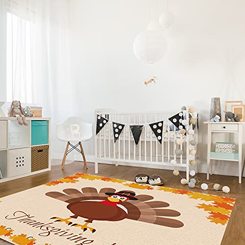 Indoor Area Rugs Thanksgiving Turkey Fall Leaf Pumpkin Non-Slip Floor Mats Yellow Orange Rectangular Carpet Soft Washable Rugs for Living Room/Bedroom/Hallway Home Decor - 5x8 Feet