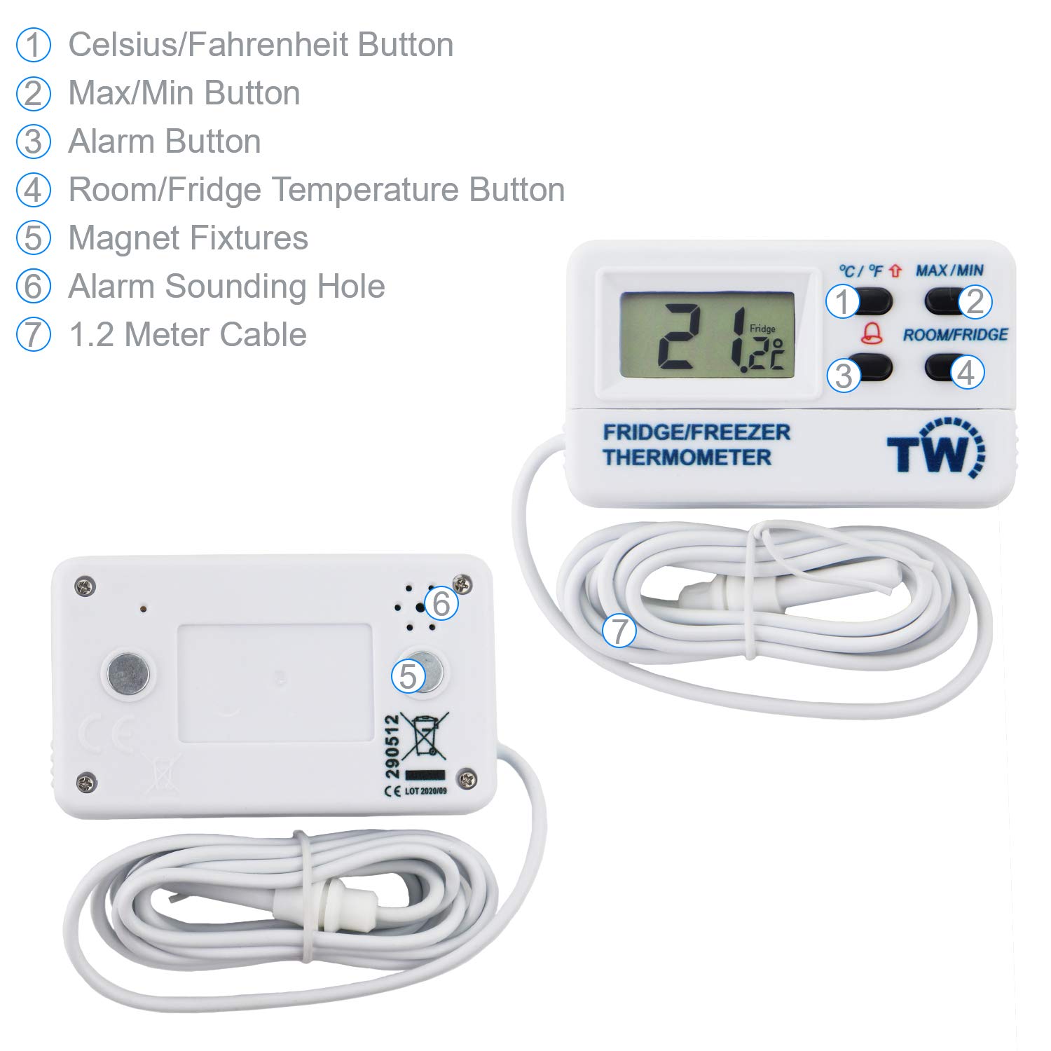 Digital Refrigerator Thermometer - Fridge and Freezer Alarm Alert When Temperatures Drop - Ideal RV Fridge Freezer Thermometer with Alarm and Max Min