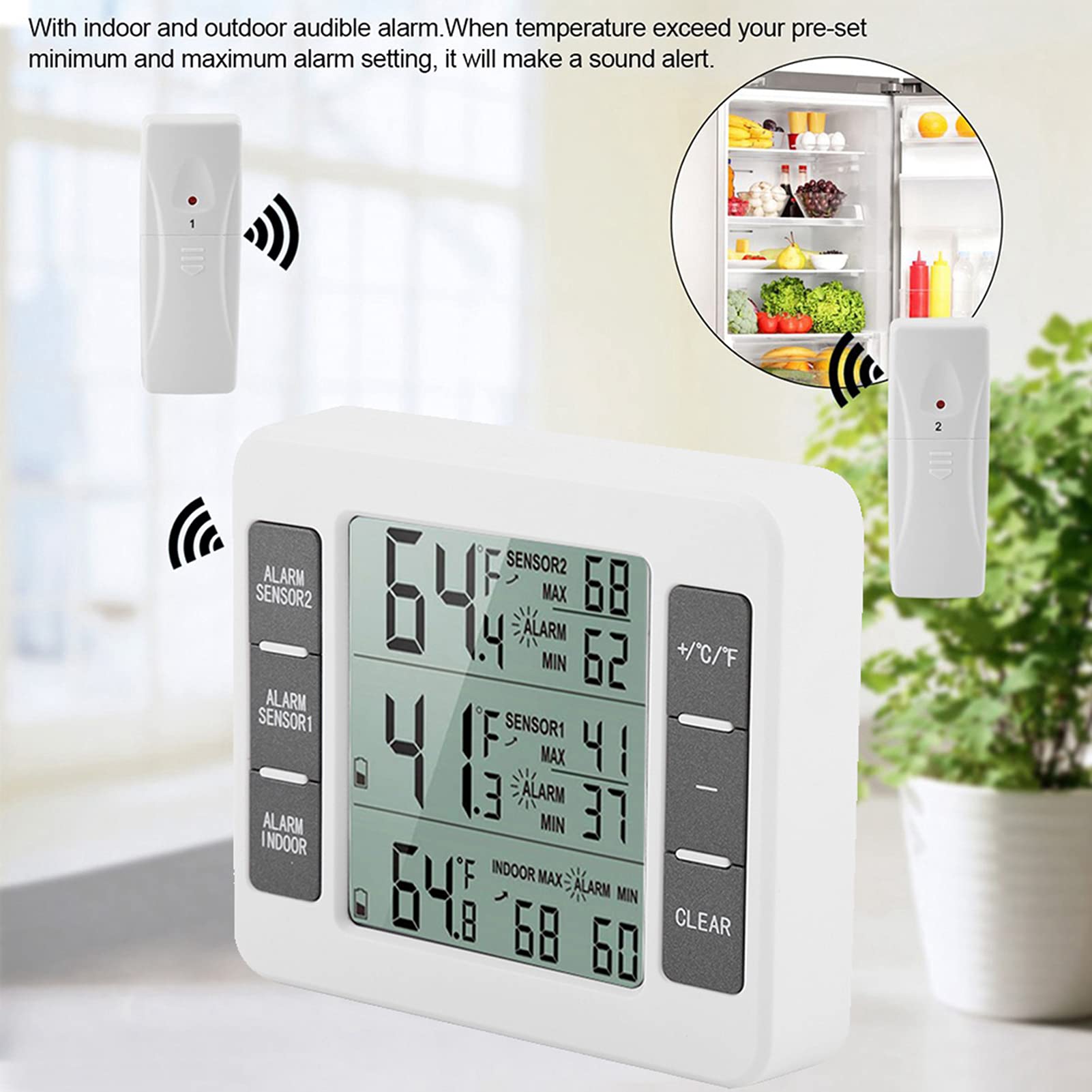 Digital Refrigerater Therometer, Wireless Digital Audible Alarm Fridge Freezer Thermometer with 2PCS Sensor Min/Max Display.