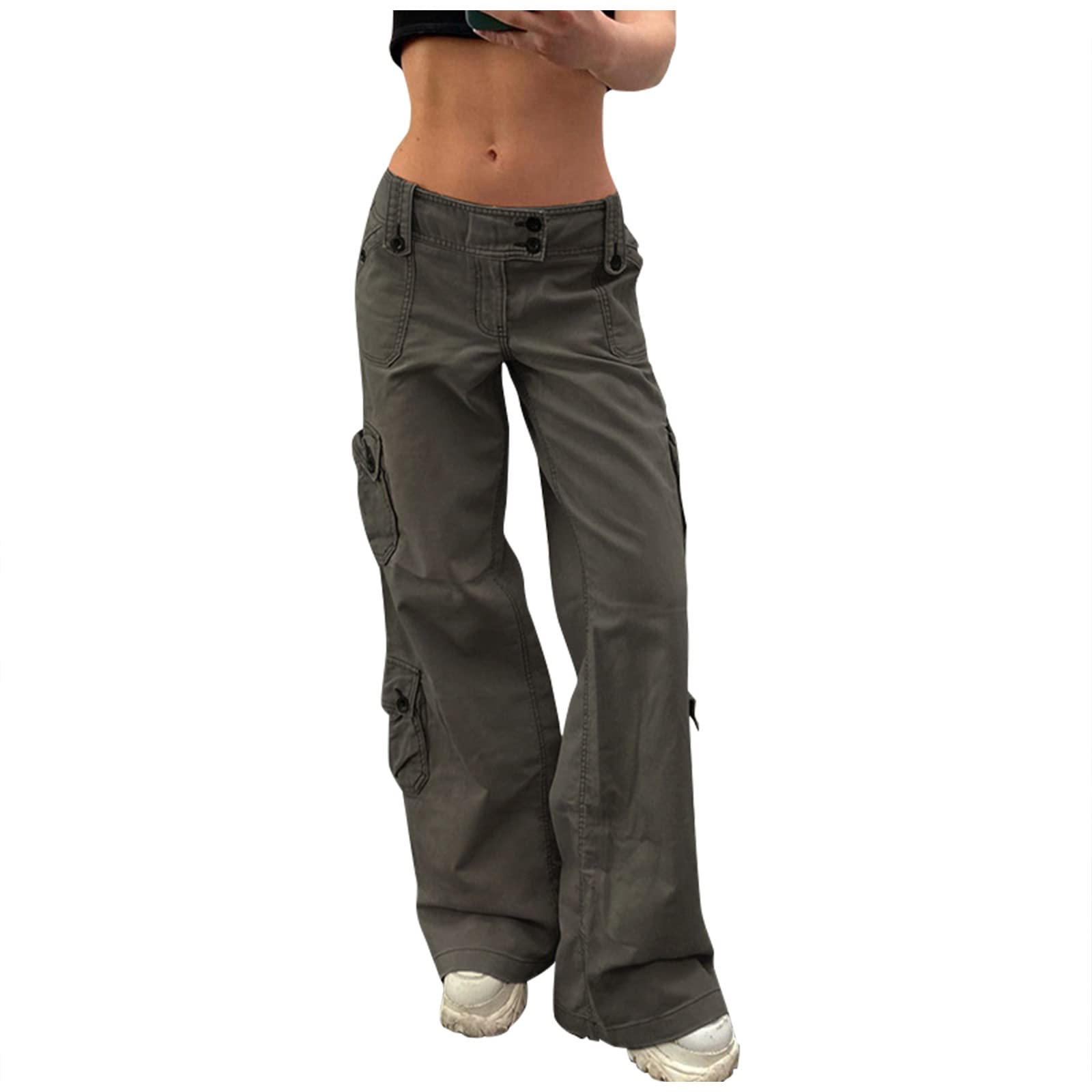 Cargo Pants Women Low Waist Wide Leg Baggy Jogger Harajuku Vintage Y2k Relaxed Casual Work Pants Lounge Pants Gray Medium