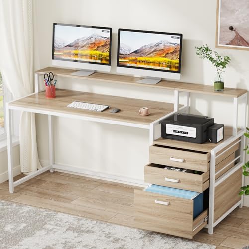 LITTLE TREE 63 Inch Computer Desk with File Drawer Cabinet, Home Office Desks with Ergonomic Monitor Stand