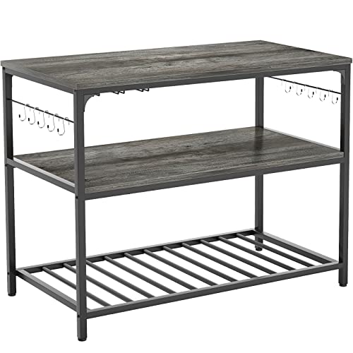 Homieasy Kitchen Island with Wine Glass Holder, Industrial Wood and Metal Coffee Bar Wine Rack Table, 3 Tier Spacious Kitchen Prep Table Extended Counter with Hooks Easy to Assemble, Black Oak
