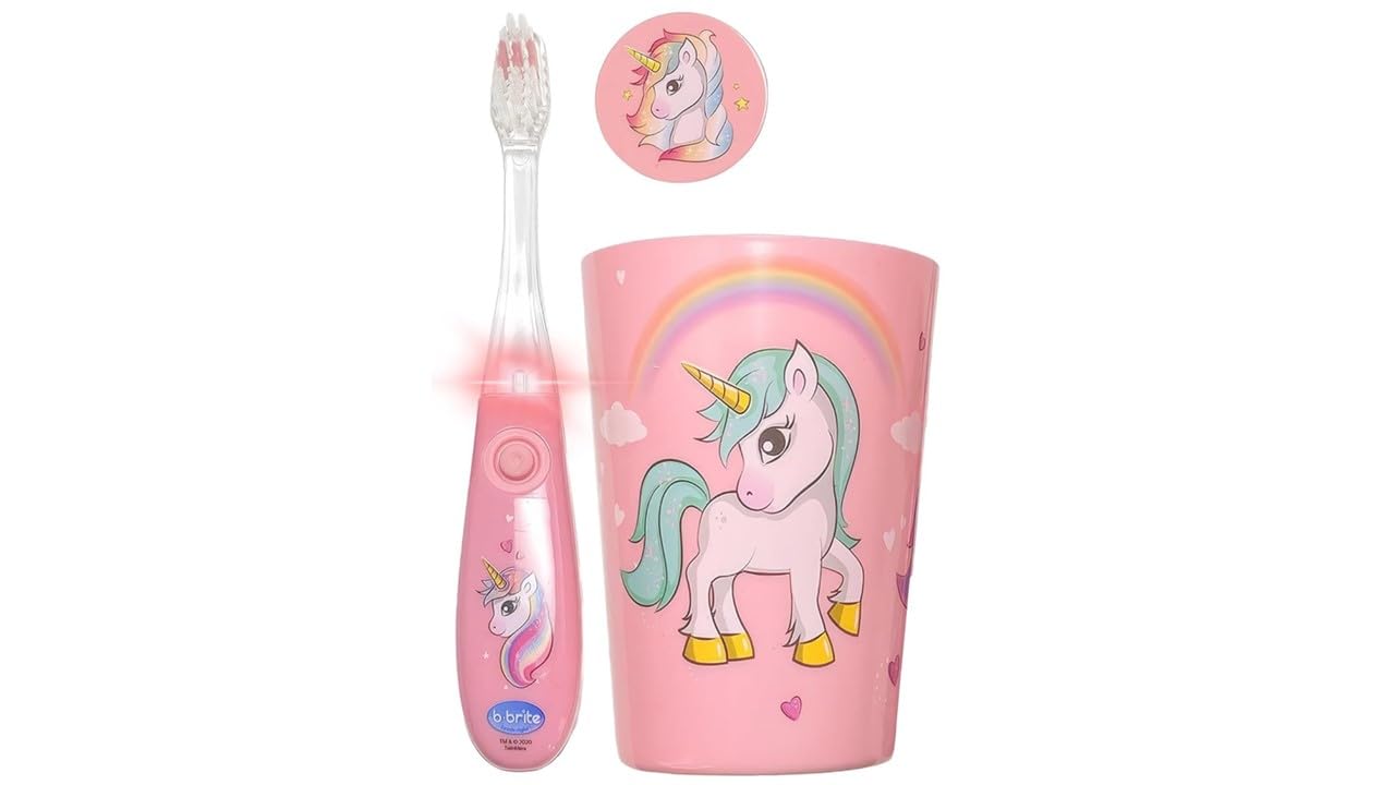 Lily's Home Kids Toothbrush with Flashing Timer with a Cup, Toothbrush Cover and Toothbrush Holder. Unicorn
