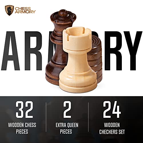 Chess Armory Premium Checkers and Chess Set - Wooden Board Game with a Portable Wood Case and Secure Storage for Pieces, Set for Kids and Adults (Walnut Wood)
