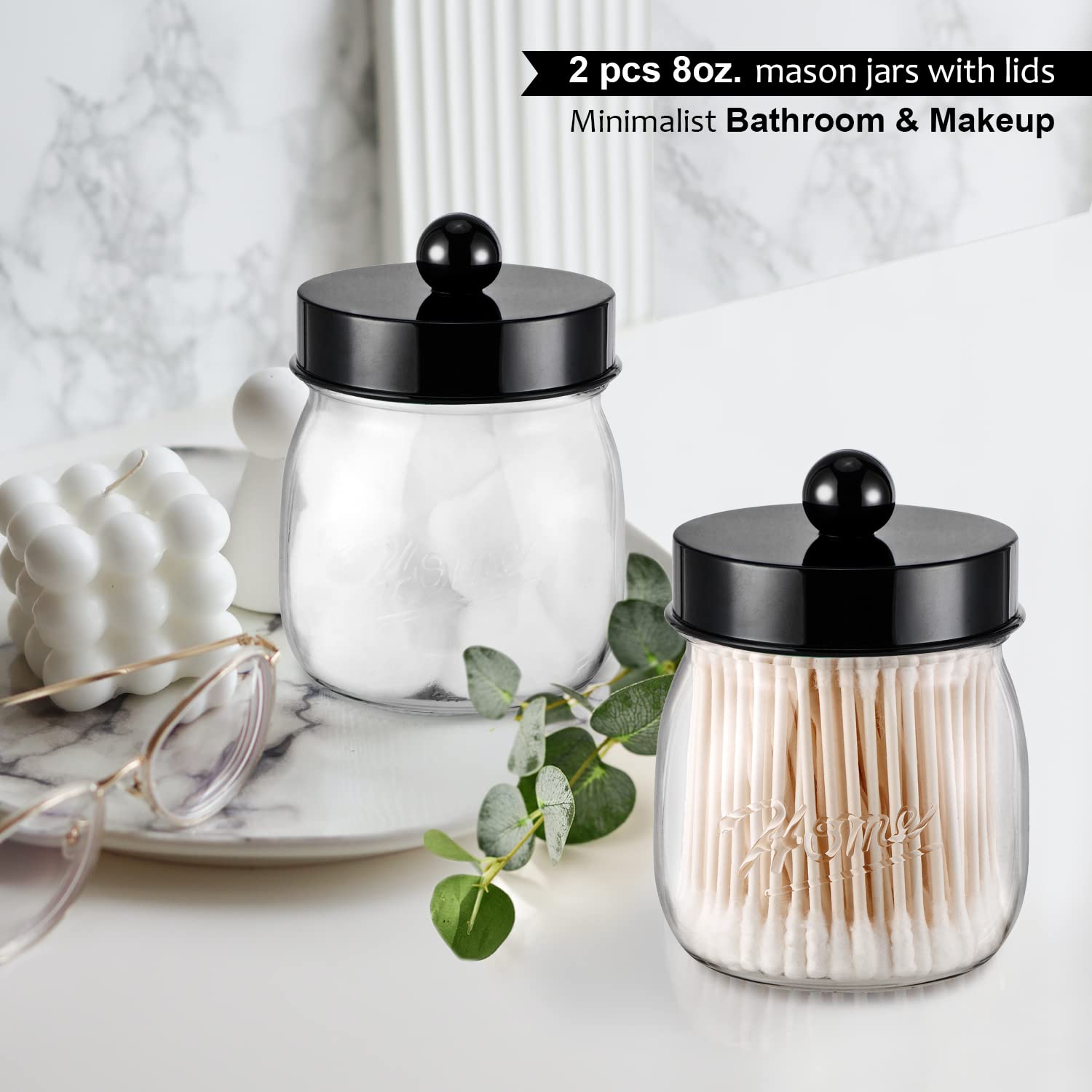Farmhouse Decor Apothecary Jar Set,Mason Jar Bathroom Vanity Storage Organizer Canister - Qtip Holder Plastic Acrylic Jar for Cotton Swabs,Cotton Pads,Floss Picks,Paper Clips,Hair Clips(2 Pack,Black)