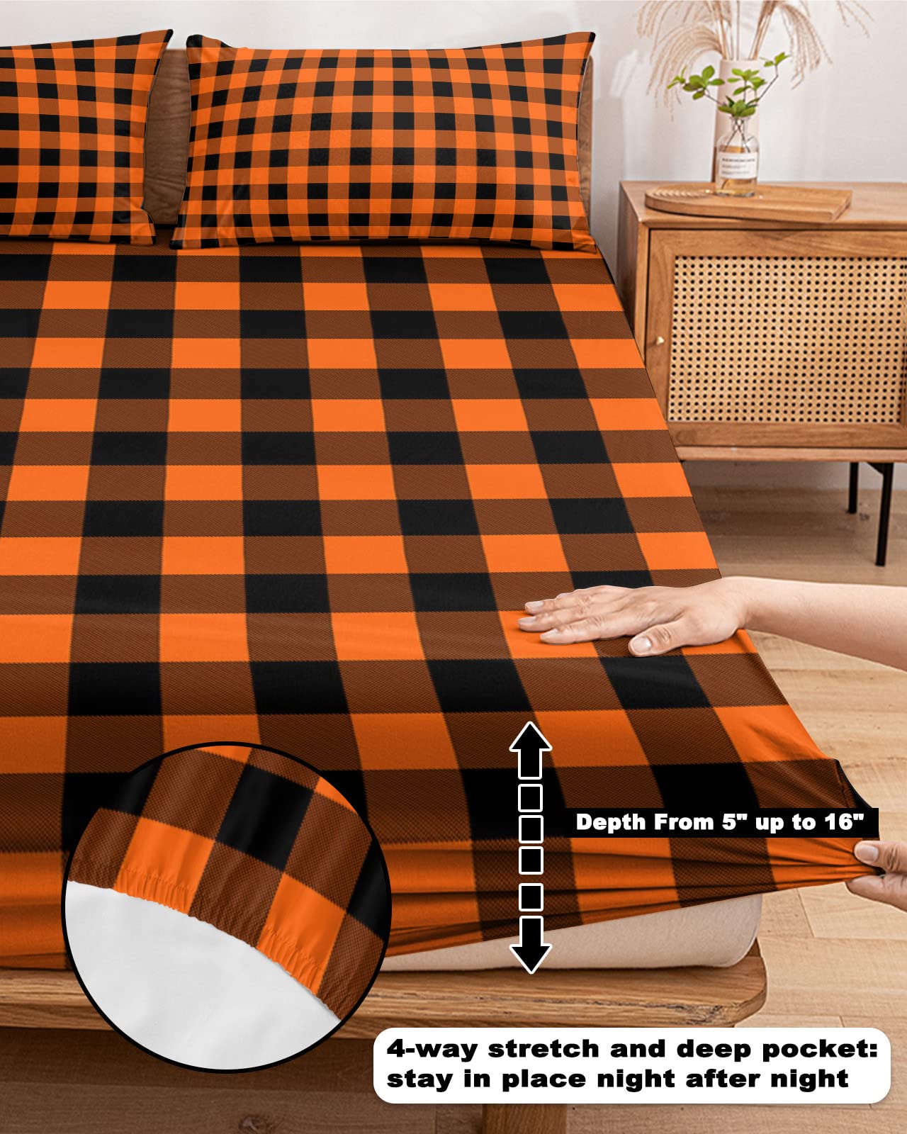 Farmhouse Orange Black Buffalo Plaid Fitted Bed Sheets Full Size Fit 5-16inch Deep Pockets,Luxury Bottom Sheet Bedding Set with Pillow Case,Gingham Lattice Fitted Sheet for Mattress