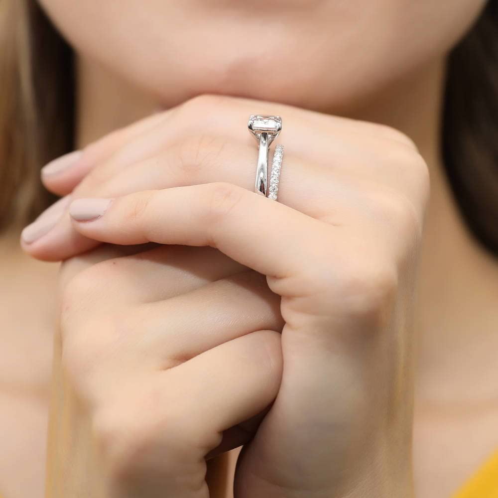 BERRICLE Sterling Silver East-West Wedding Engagement Rings Cubic Zirconia CZ Solitaire Ring Set for Women, Rhodium Plated Size 5.5