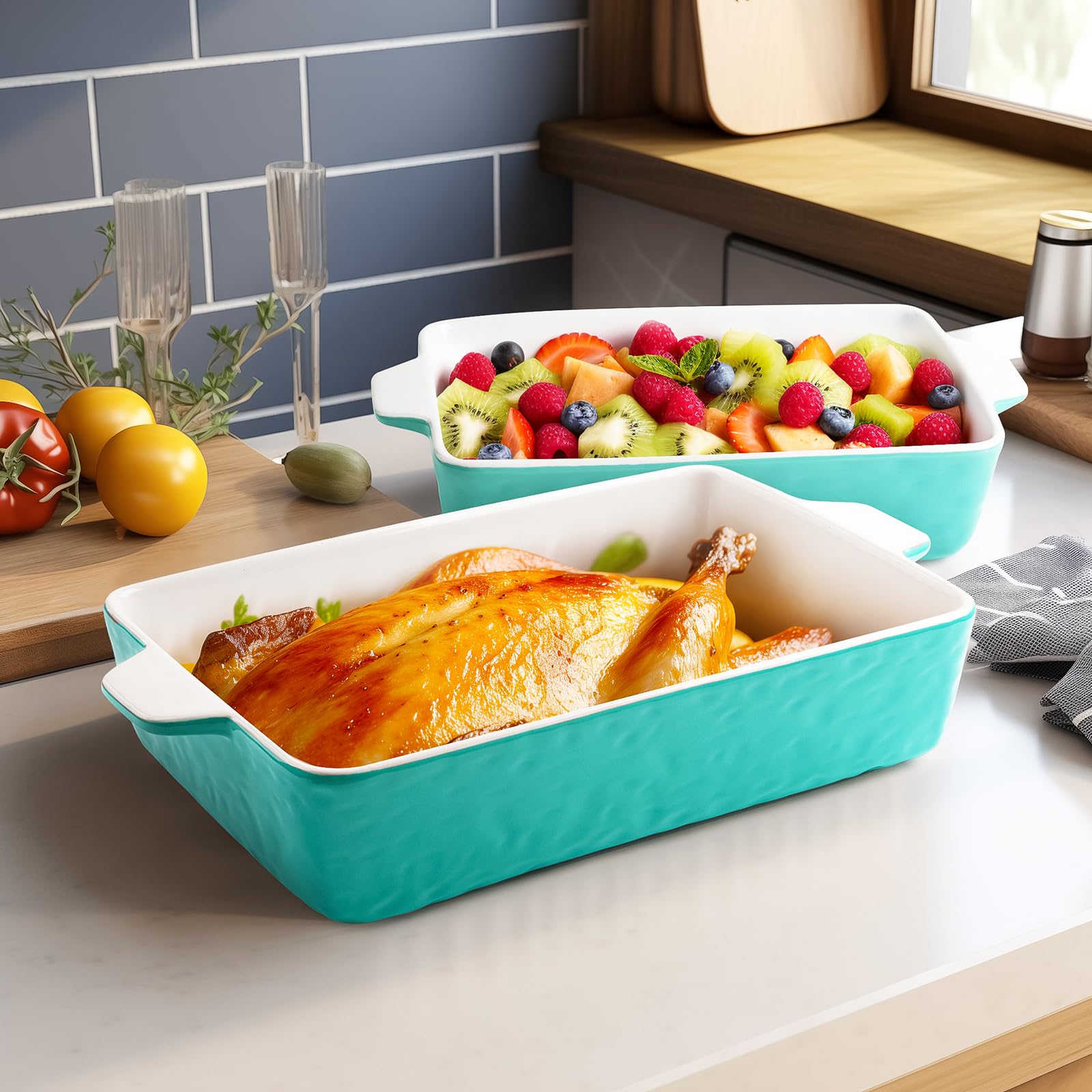 Krokori Casserole Dishes for Oven, Ceramic Baking Dishes, Lasagna Pan with Handles, Porcelain Baking Pan Deep, Bakeware for Baking, Cooking, Wedding Gift, Set of 3 (11.6" x 7.8", Aquamarine)