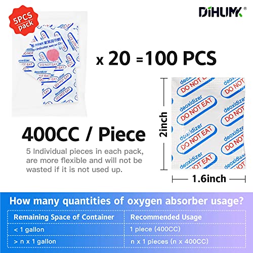 DIHUMK Oxygen Absorbers for Food Storage and Mylar Bags Vacuum Seal Long Term Containers Food Grade(400CC, 5Pcs Individual Packing, Total100)