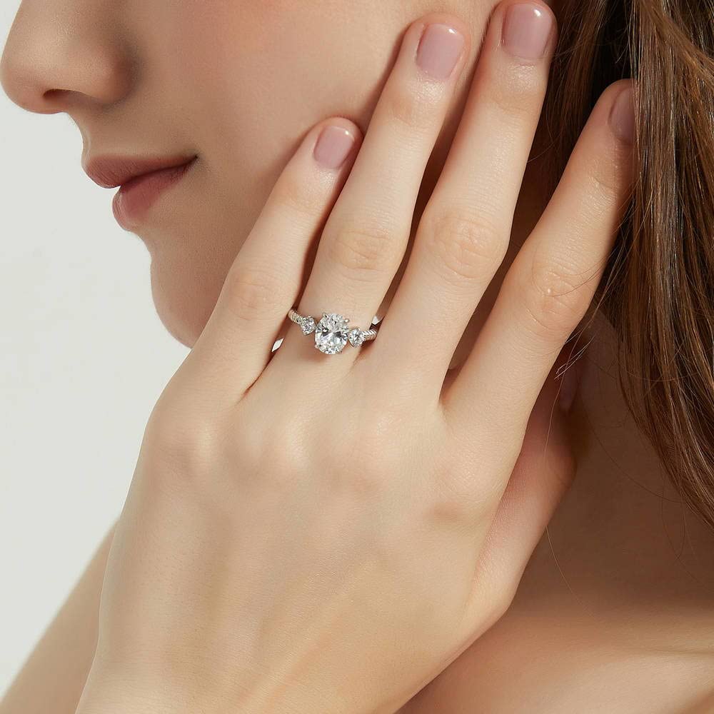 BERRICLE Sterling Silver 3-Stone Wedding Engagement Rings Oval Cut Cubic Zirconia CZ Cable Ring for Women, Rhodium Plated Size 7