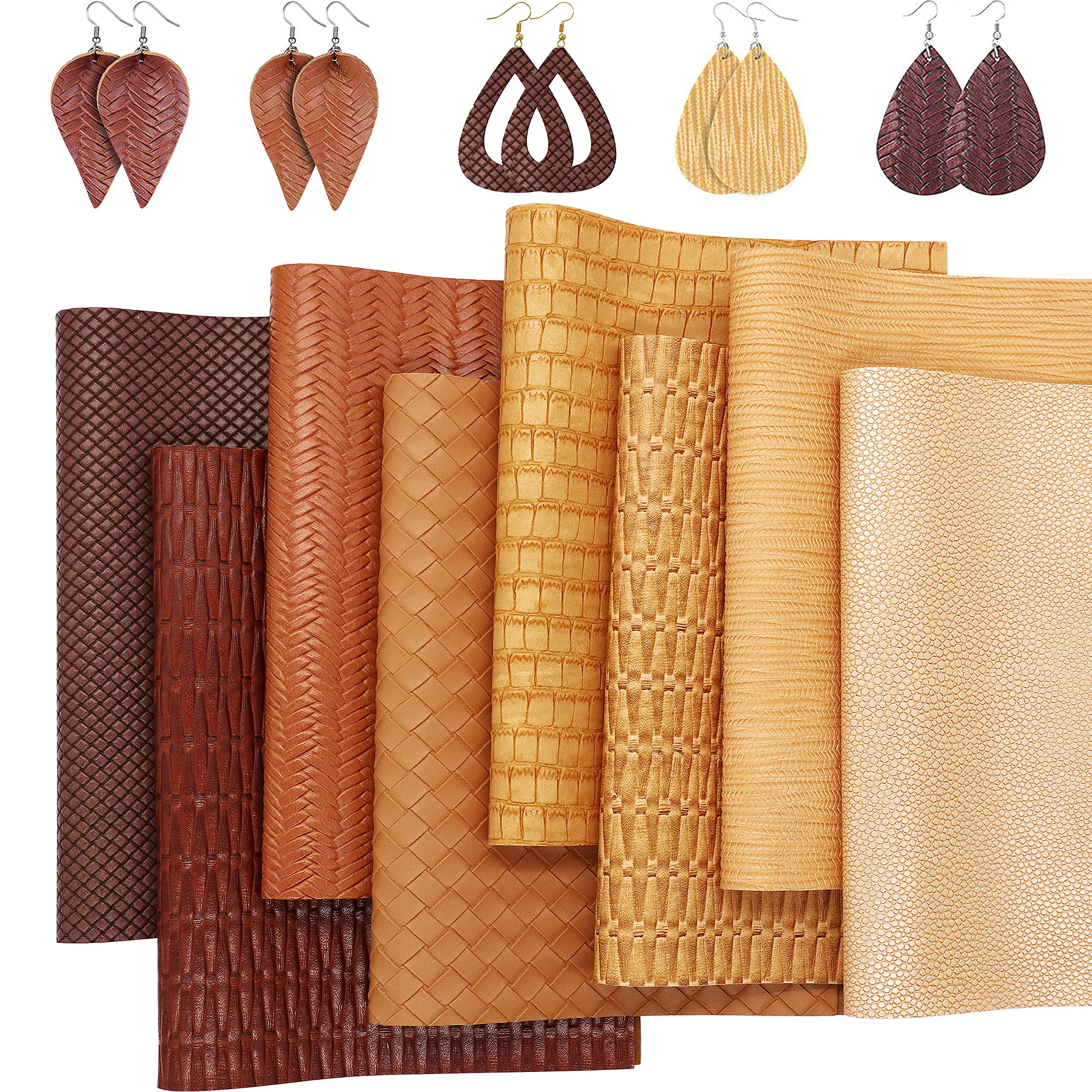 LOTOFUN 8Pcs/Set New Weave Embossed Textured Faux Leather Sheets Yellow Brown Series Mixed Woven Lattice Striped Vinyl Fabric A4 8 x 12Inch Fall Bohemia for Earrings Hair Bows DIY Crafts