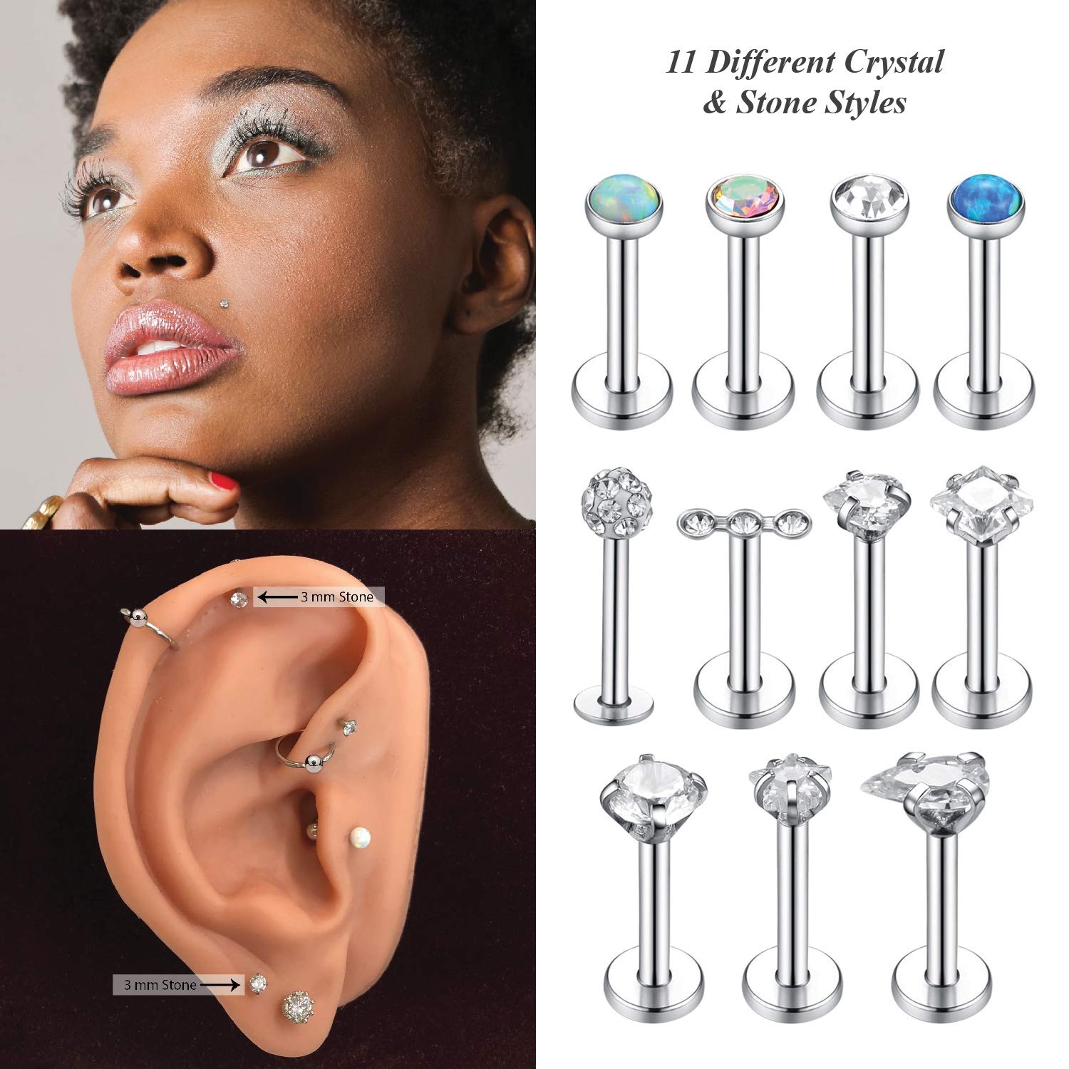 BodyJ4You 16PC Tragus Labret Nose Ring Bone Lip Stud Set 16G Surgical Steel Women Piercing Jewelry