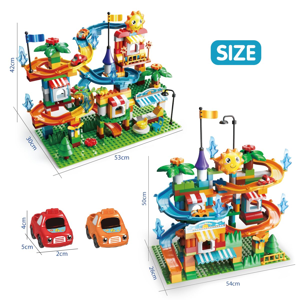 REMOKING Building Blocks Marble Run, Educational Compatible Blocks Models with 4 Cars, Learning Car Track Contruction Toys Set, Great Gifts for Kids 3 Years and up(213Pcs)