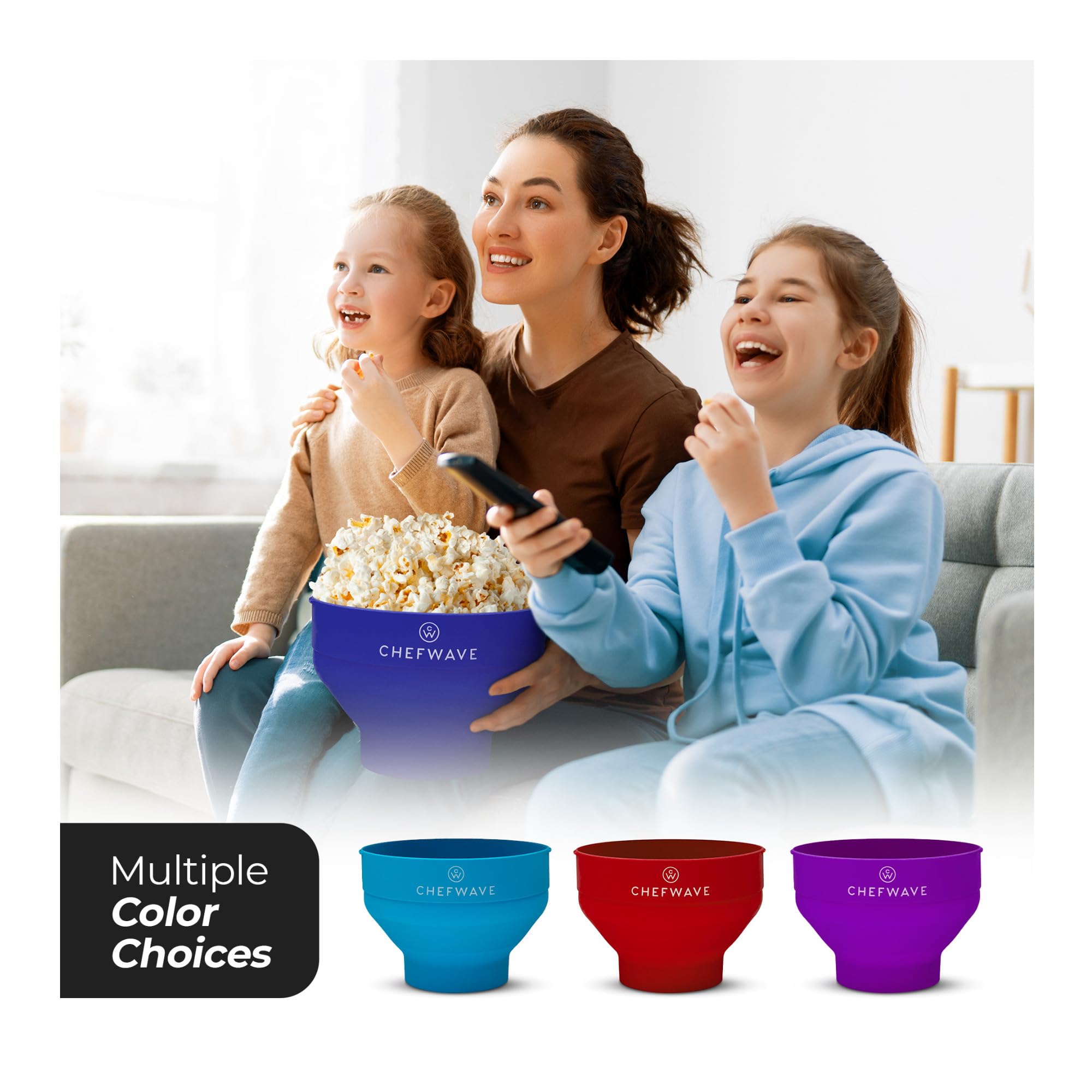 Chefwave Silicone Popcorn Popper (Dark Blue) - Reusable, Collapsible Microwave Popcorn Bowl - Dishwasher Safe