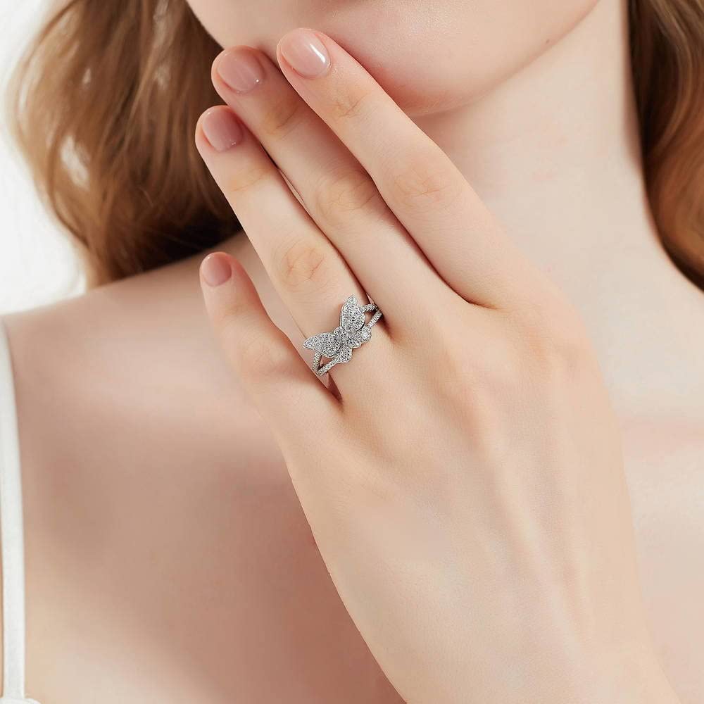 BERRICLE Sterling Silver Butterfly Cubic Zirconia CZ Fashion Ring for Women, Rhodium Plated Size 6