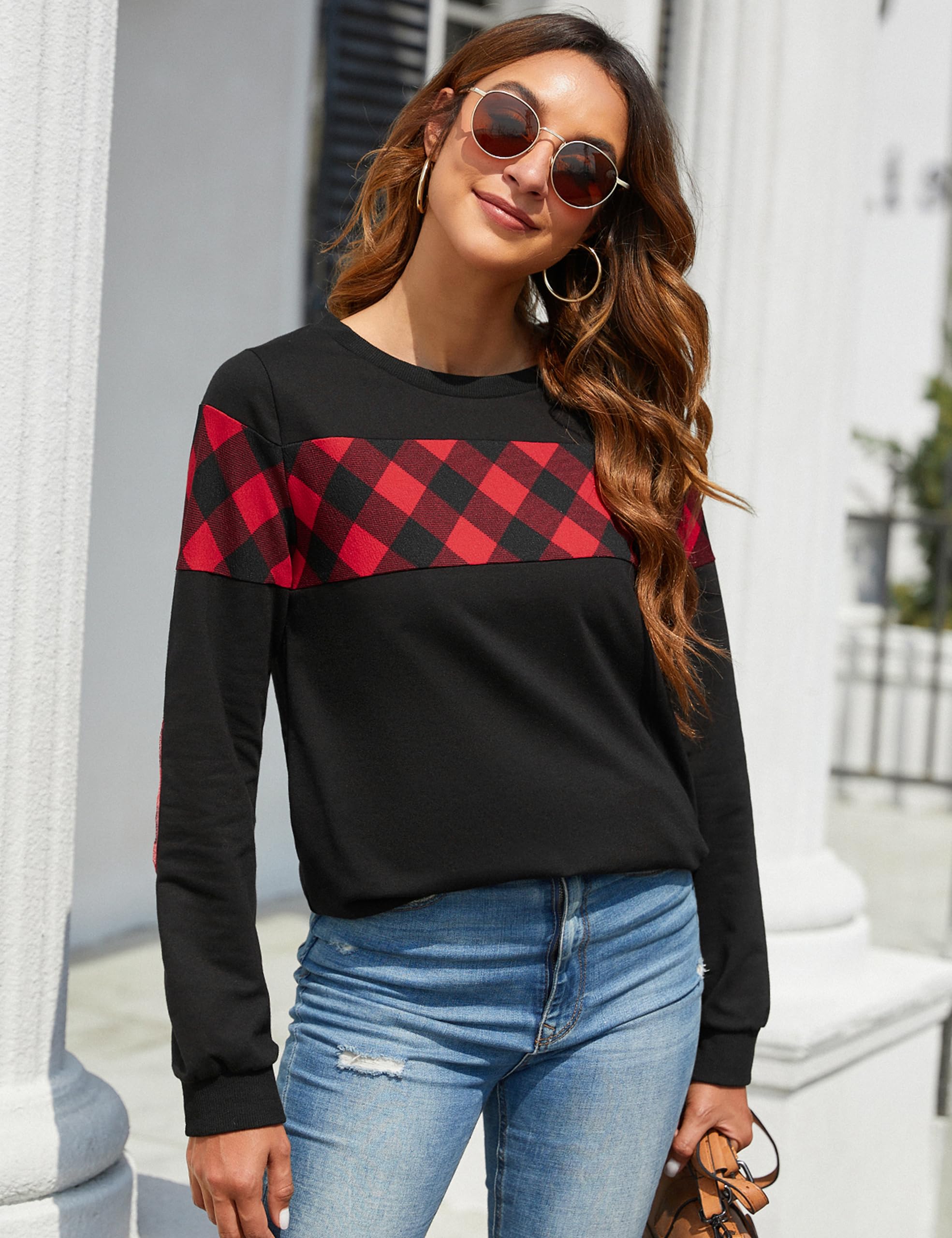 Blooming Jelly Women's Color Block Plaid Shirt Crew Neck Elbow Patches Pullover Sweatshirt Christmas Top(M) Black