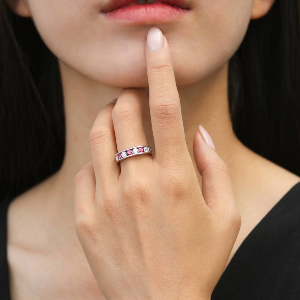 BERRICLE Sterling Silver Red Channel Set Cubic Zirconia CZ Stackable Fashion Anniversary Half Eternity Ring for Women, Rhodium Plated Size 7
