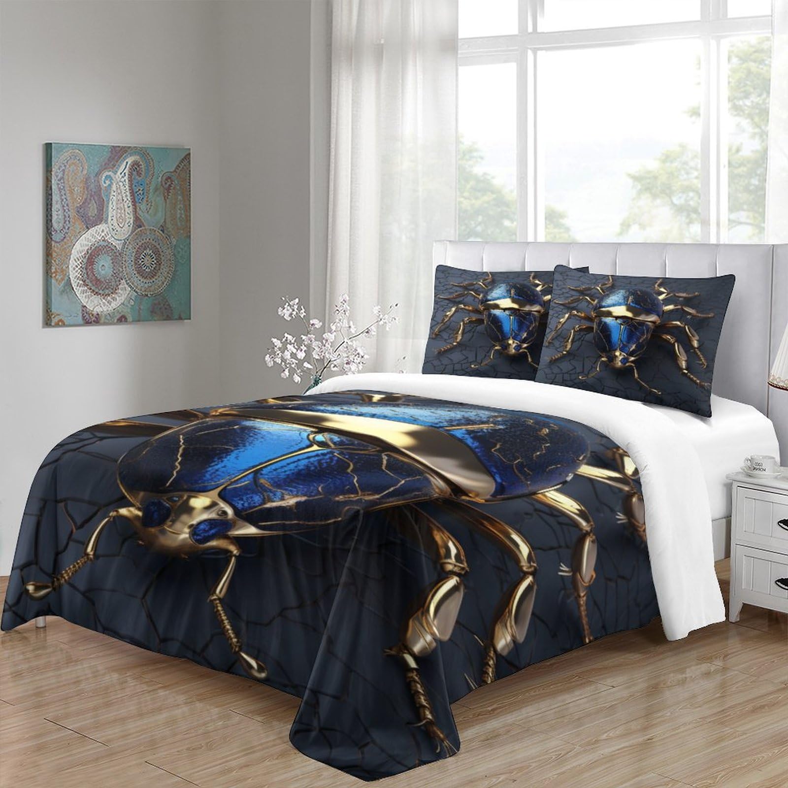 EVMILA Blue Beetle 3D Print Insects Comforter Covers Duvet Cover for Boys Girls Quilt Cover Bedding Set with Zipper Closure with Pillow Cases Soft Microfiber 3 Pieces Twin(173x218cm)