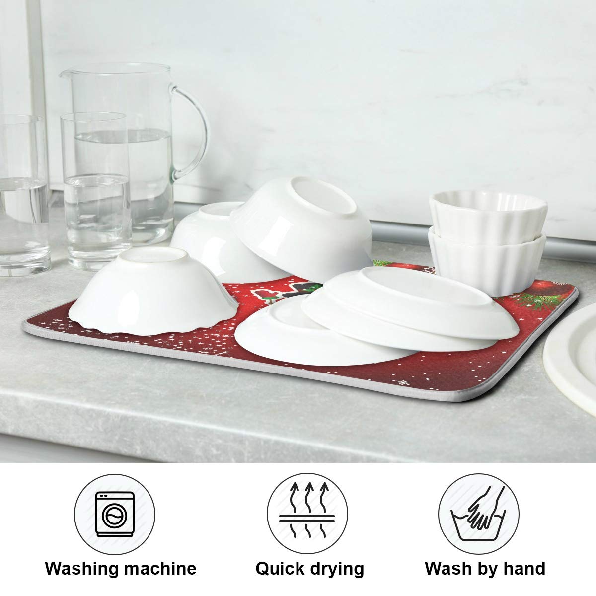 Christmas Dish Drying Mat, Red Christmas Snowman Dish Mat for Kitchen Countertops Sinks Drying Mat Absorbent Heat Resistant Dishes Drainer Pad 18 x 24 Inch