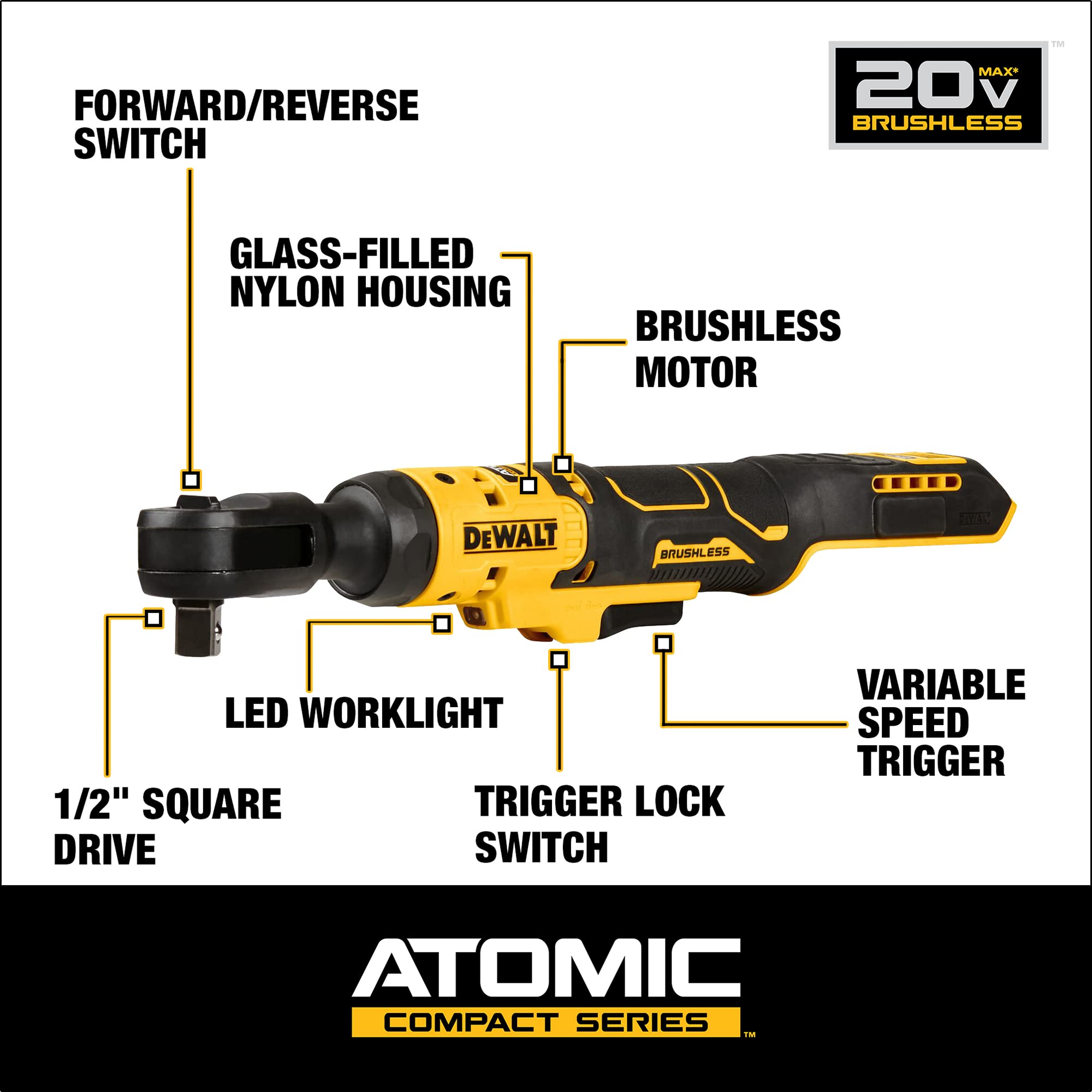 DEWALT ATOMIC 20V MAX* Brushless 1/2 in. Ratchet Kit (DCF512D1)