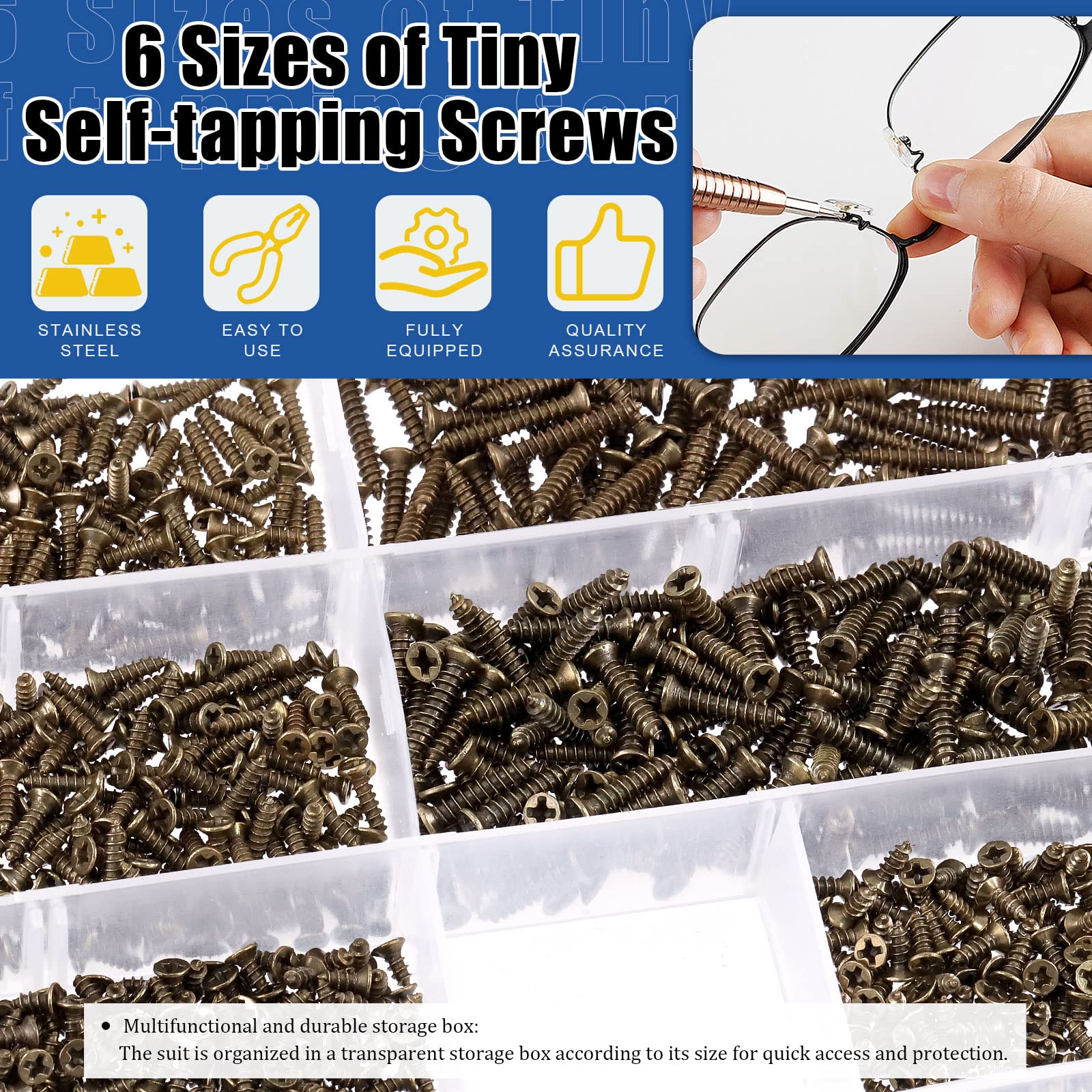 Glarks 1300Pcs 5mm 6mm 7mm 8mm 10mm Small Tiny Nails Wood Screws Set Bronze Self Drilling Flat Cross Head Screws Assortment Kit for Home Furniture Decor (Bronze)