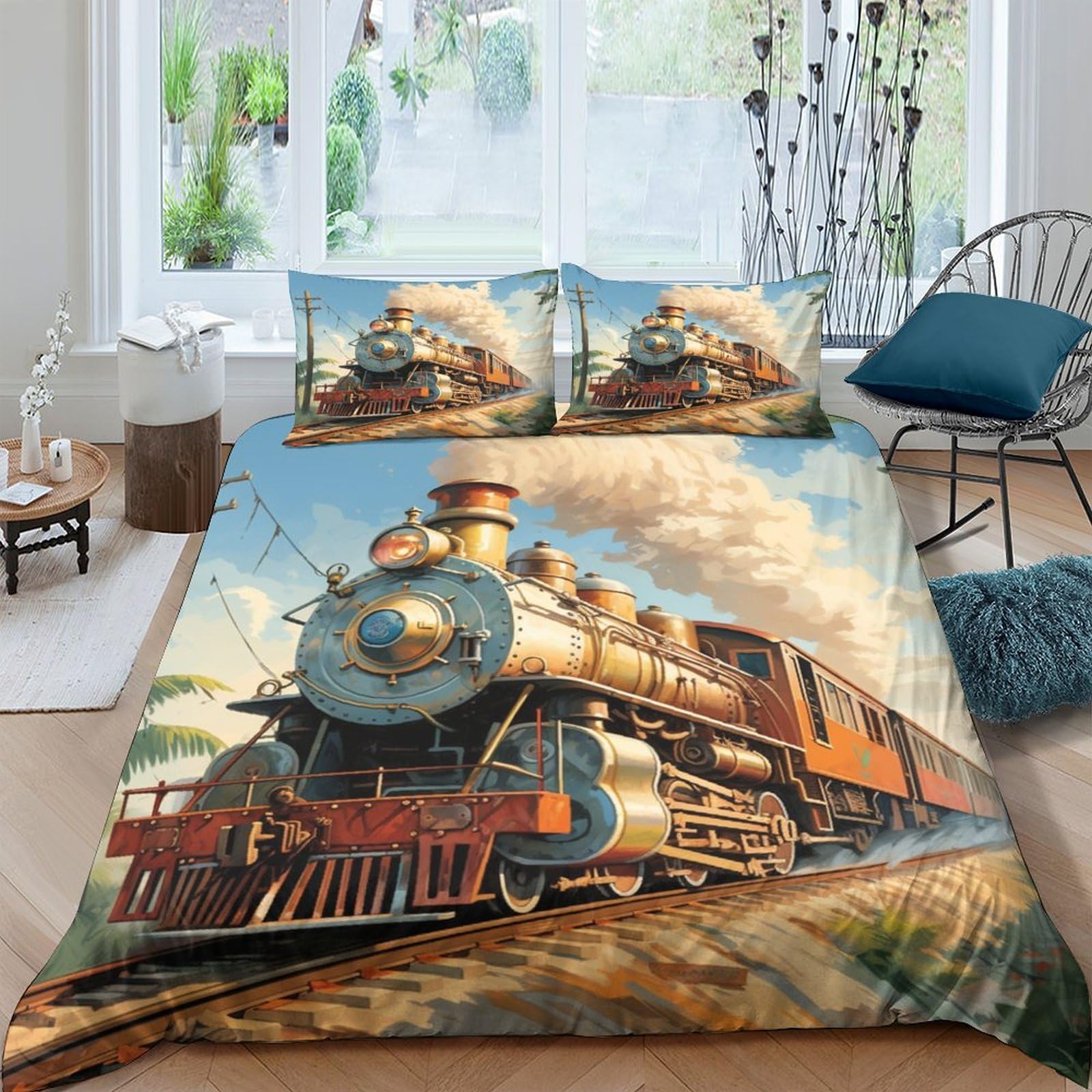 EVMILA Steam Train Comforter Covers for Boys Girls 3D Print Steampunk Duvet Cover Quilt Cover with Pillow Cases with Zipper Closure Bedding Set Soft Microfiber 3 Pieces Twin(173x218cm)