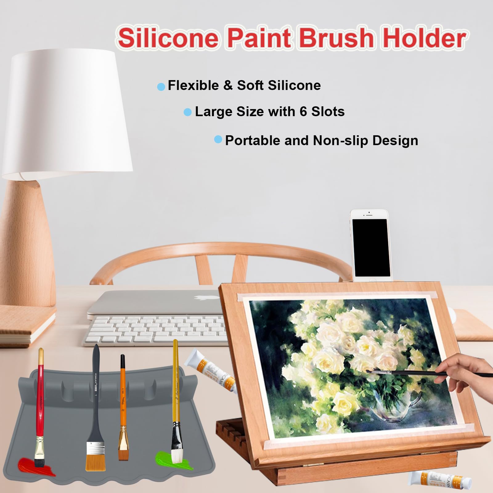 Chistepper 2 Packs Silicone Paint Brush Holders Paint Brush Organizer Large Paint Brush Stand Rest with 6 Slots for Watercolor Oil Acrylic Painting Brushes