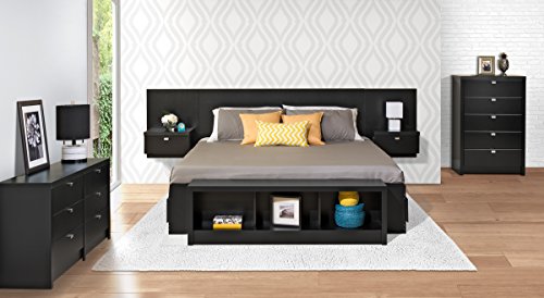 Prepac Series 9 Designer Floating King Headboard with Nightstands, 123.25" W x 31.5" H x 16"D, Black