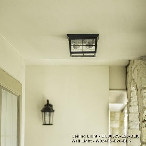CORAMDEO French Pane Square 2 Light Ceiling Mount Farmhouse Fixture, Indoor or Outdoor, Two Standard Sockets, Open Bottom, Damp Location, Black Powder Coat Finish with Seedy Glass