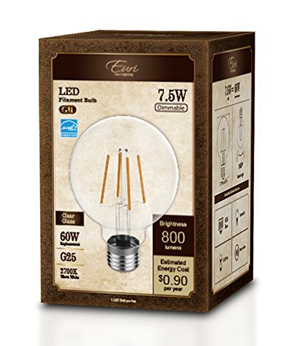 Euri Lighting VG25-2000e LED G25 Bulb, Filament Line, Warm White 2700K, Dimmable, 7.5W (60W Equivalent), 800 lm, Clear, 360 Degree Beam Angle, Damp Rated, E26 Base, UL & E-Star Listed