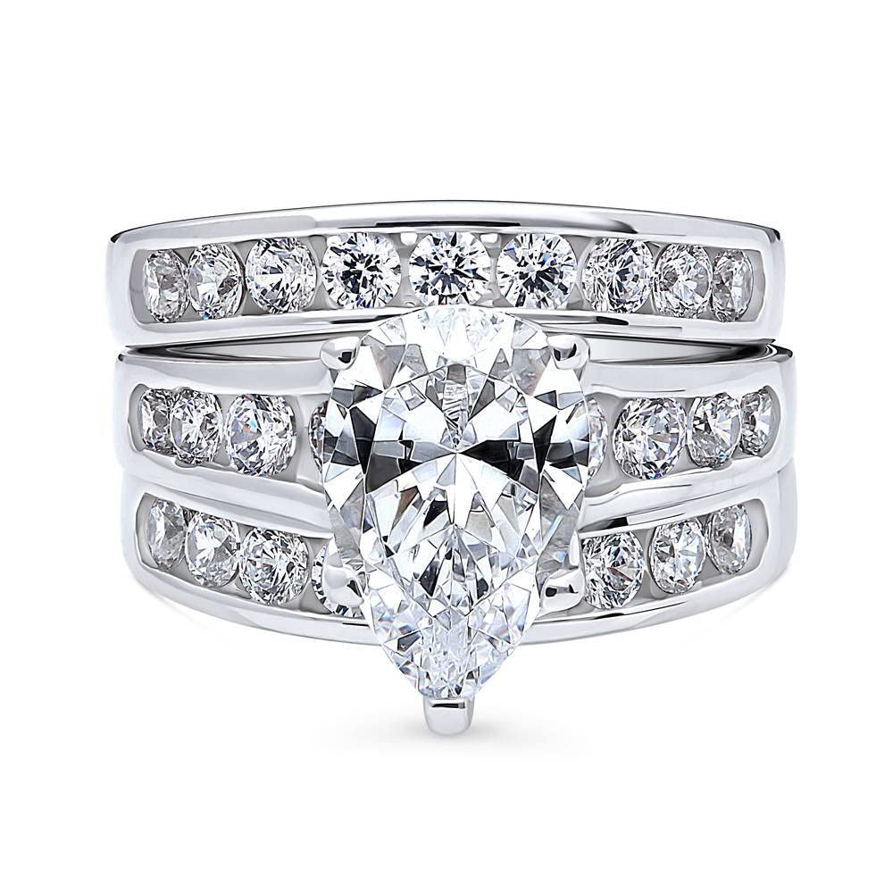 BERRICLE Sterling Silver Solitaire Wedding Engagement Rings 3 Carat Pear Cut Cubic Zirconia CZ Ring Set for Women, Rhodium Plated Size 7