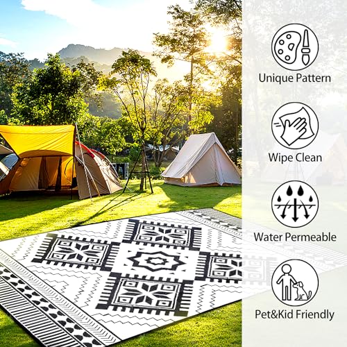 DiiKoo Outdoor Rug Mat for Patio, 6x9ft Waterproof Reversible Plastic Straw Rugs, Camping Carpet Area Mats for RV, Porch, Deck, Backyard, Balcony, Camper, Picnic, Beach, Trailer, Black & White