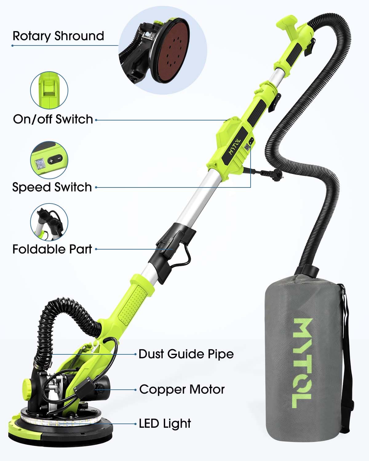 Drywall Sander, MYTOL 7.2A Electric Wall Sander with Vacuum Dust Collection, 6 Adjustable Speeds 900-1800RPM, LED Light, Extendable Handle, Foldable Electric Drywall Sanders 12Pcs Sanding discs-H21K3