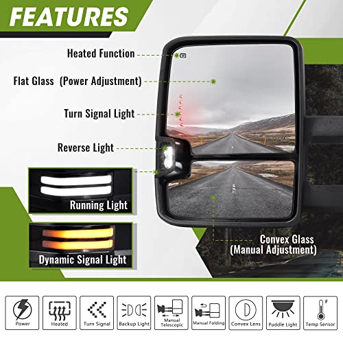 SIZIOM Switchback Towing Mirrors for 2009-2018 Dodge Ram 1500,2010-2018 Ram 2500 3500,Ram Classic 2019-2023,Power Heated Dynamic Turn Signal Backup Light Puddle Lamp Extendable Pair Set Tow Mirrors