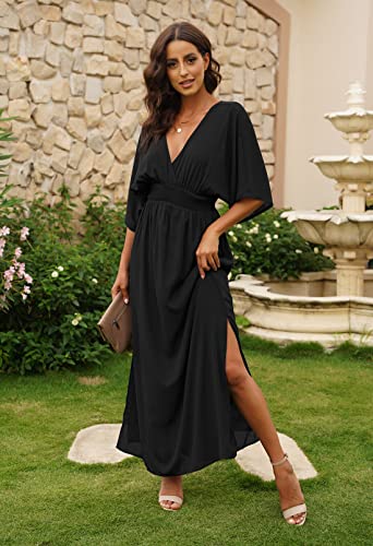 Meenew Women's Deep V Neck Summer Maxi Dress Flowy Long Beach Dress Black S