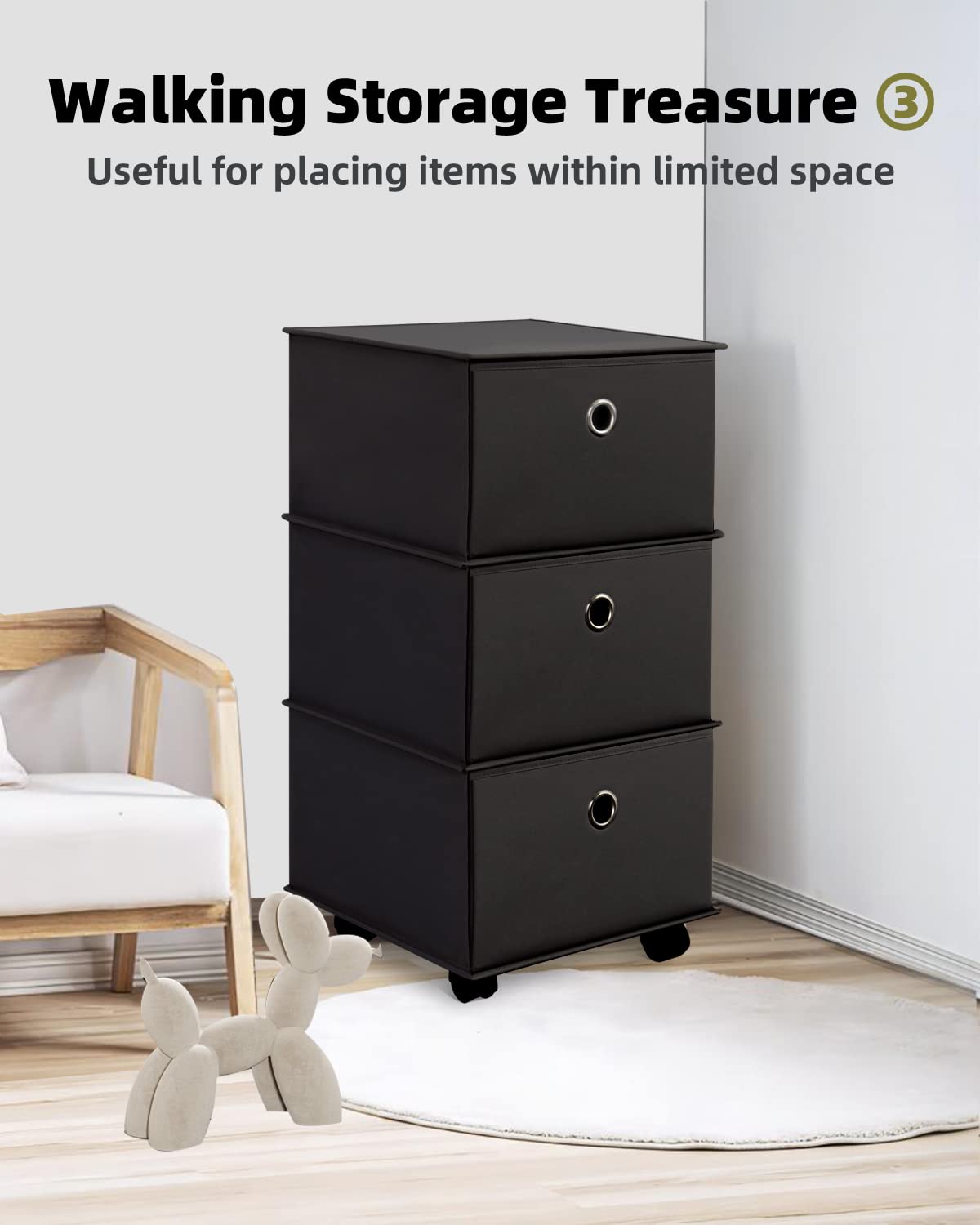 Foldable 3 Drawer Storage, Portable Fabric Storage Dresser with Wheels, 3 Drawer Organizer Easy Assembly, Space-saving Stylish Drawer Dresser for Bedroom, Closet, Entryway, Garage, Nursery, Office