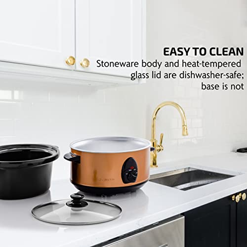 OVENTE Electric Slow Cooker with 3.7 Qt Ceramic Pot and 3 Cooking Settings, Dishwasher-Safe Stoneware, Tempered Glass Lid, Portable Multicooker Perfect for Soups Sauces Stews & Dips, Copper SLO35ACO1