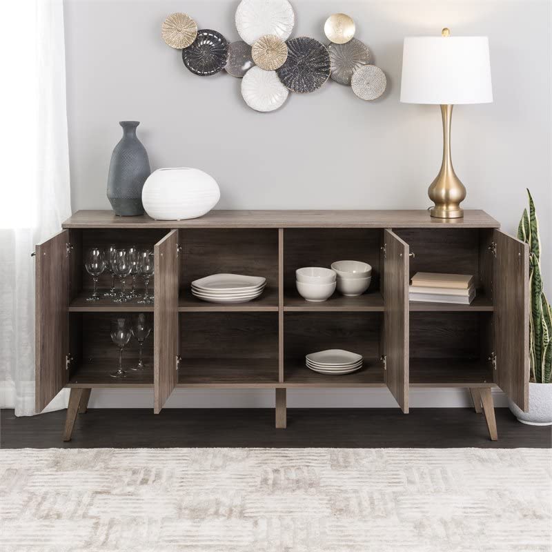 Prepac Milo Mid-Century 4 Door Buffet, 16" D x 64" W x 32" H, Drifted Gray