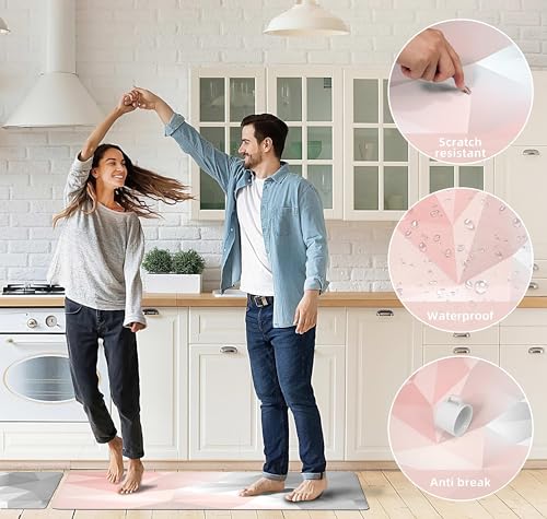 chiinvent Pink Kitchen Rug Set of 2, Anti-Fatigue Pink and Grey Marble Kitchen Mat, Non-Slip Waterproof Comfort Standing PVC Kitchen Mats for Floor, Memory Foam Cushioned Rugs,17.3"x28"+17.3"x47"