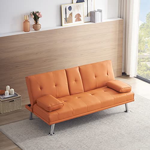 Foldable Futon Sofa Loveseat Convertible Sleeper Couch Bed for Small Space Apartment Office Living Room Furniture Sets with 2 Cup Holders, Tufted Back & Seat Orange PU Leather 67" W