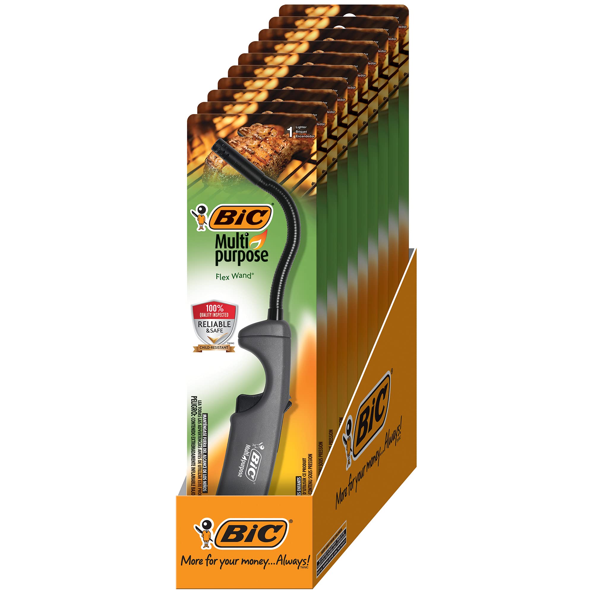 BIC Flex Wand Lighter, Assorted Handle Colors, 10-Pack
