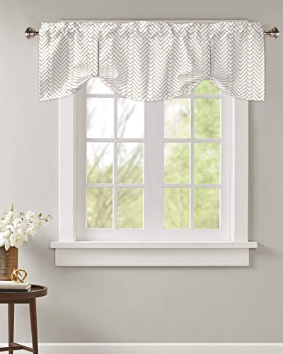 Semi Sheer Valance Adjustable Kitchen Valance for Windows, Modern Herringbone Geometric White and Gold Valances for Bathroom Bedroom Living Room, Tie-up Rod Pocket Decorative Window Curtain 42"x18"