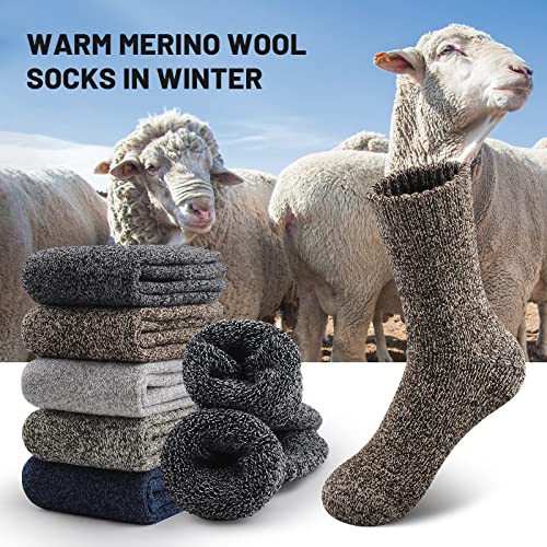 SIMIYA 5 Pairs Merino Wool Socks for Men, Thick Winter Wool Hiking Socks, Warm Breathable Crew Mens Socks(Fit USA Size 7-13