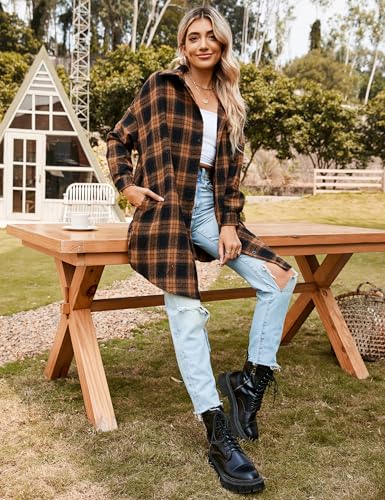 Blooming Jelly Women's Button Down Flannel Shirts Plaid Shacket Long Sleeve Collared Long Jacket Coats（XLarge,Brown Plaid）