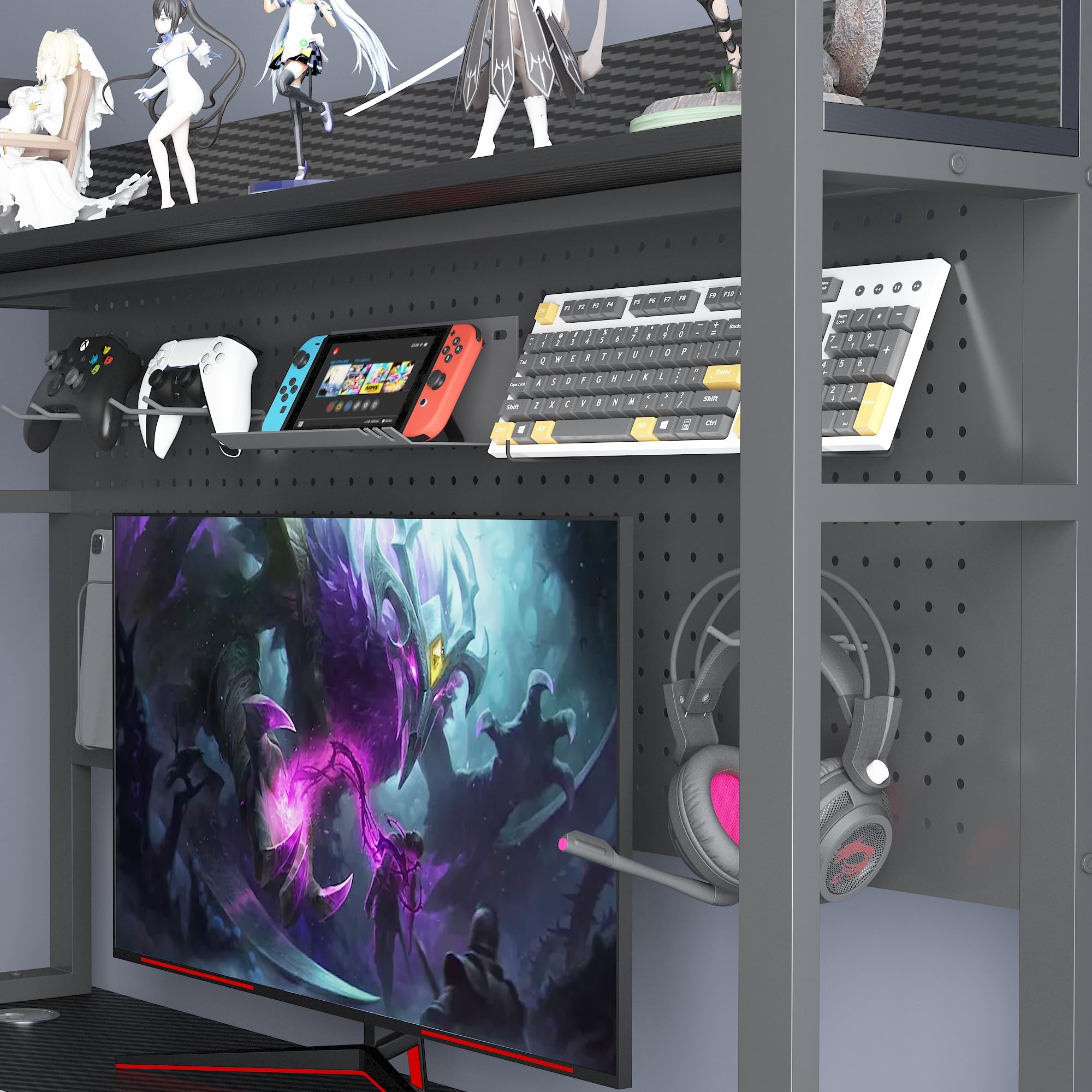 Chnnmbrn Home Office Desk with Power Outlet,Gaming Desk with Pegboard,Large PC Table Computer Desk with Shelves,Multifunctional Workbench,Study Writing Workstation