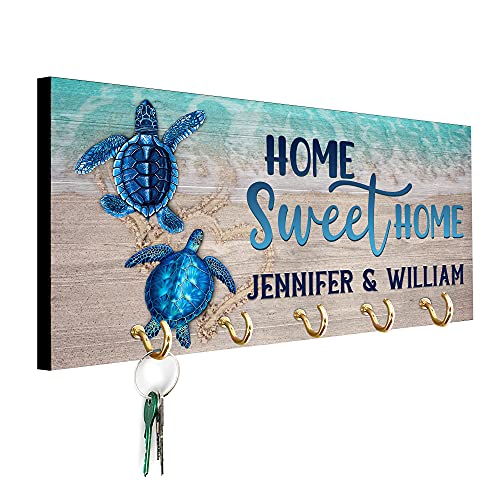 MUCHNEE Personalized Beach House Key Holder for Wall - Home Sweet Home, Customized Key Hook Decor for Kitchen, Living Room - Gifts with Custom Family Name for Couple, Wife, Husband, Family, Friends